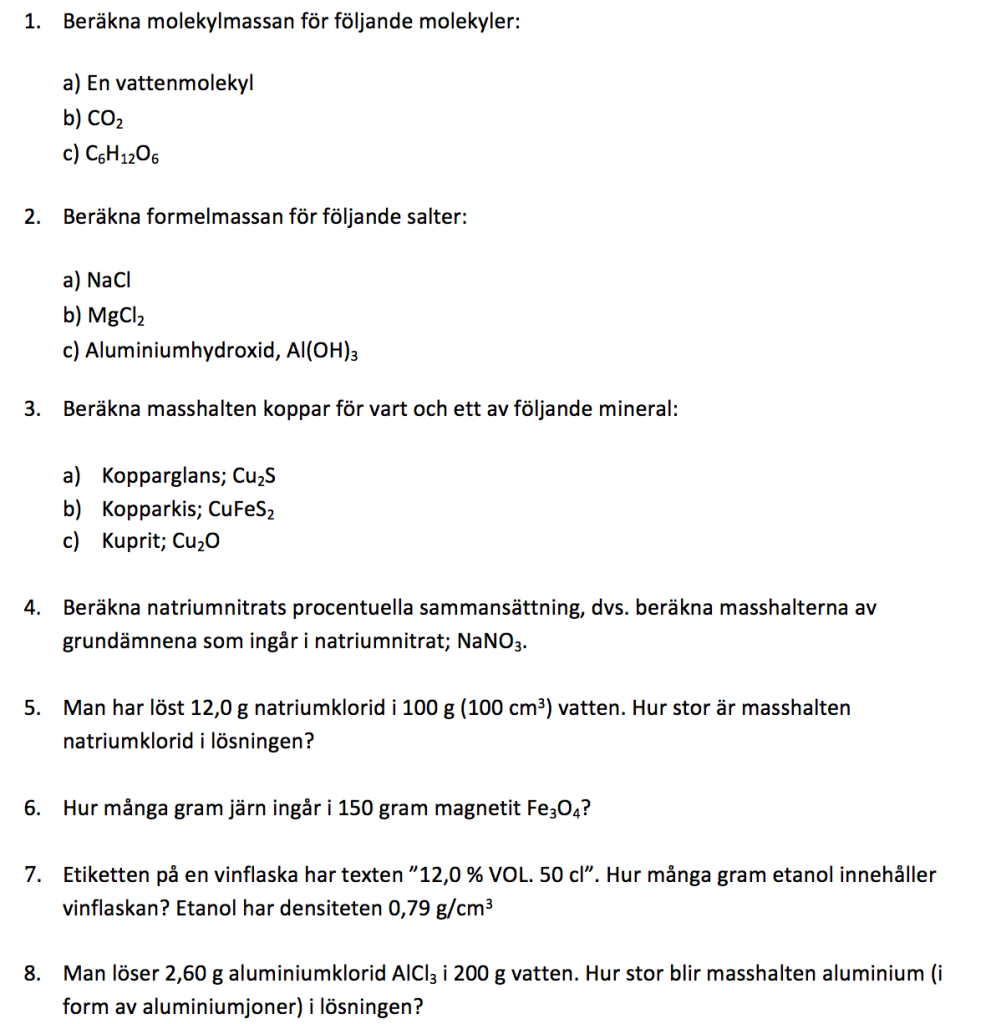Del 1: Beräkningar – molekylmassa, masshalt, volymhalt och densitet